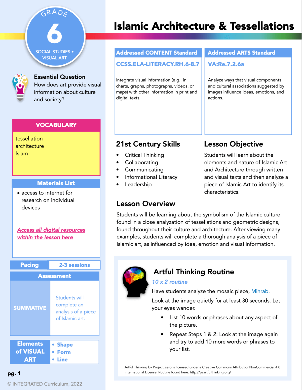 6th Grade Islamic Architecture Lesson Featuring Tessellations
